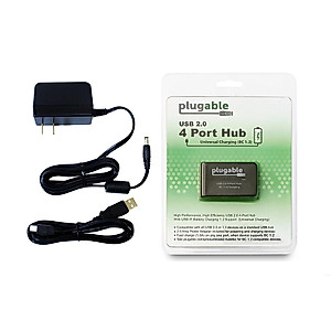 Plugable USB 2.0 4-Port High Speed Hub with 12.5W Power Adapter, Driverless
