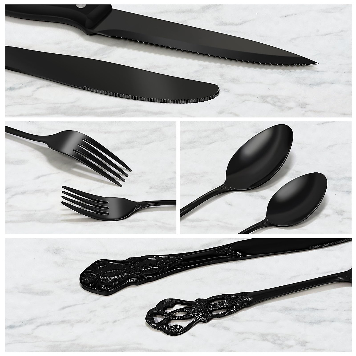 24 Pieces Black Silverware Set for 4, Stainless Steel Flatware Set Serving include Spoon Forks Knives, Kitchen Utensils Set, Tableware Cutlery Set with Steak Knives For Home Kitchen Restaurant Hotel