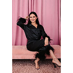 Belle's Design Feather Bridal Pajamas - Satin Silk Pants and Long Sleeve Feather Trim, Wedding, Bachelorette Party Sleepwear, Black/Small