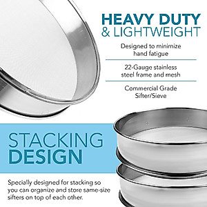 Vollum Stainless Steel Flour Sifter Fine Mesh Round Flour Sifter for Baking 8" Diameter x 2.5" High; Mesh-Hole Size 0.85mm