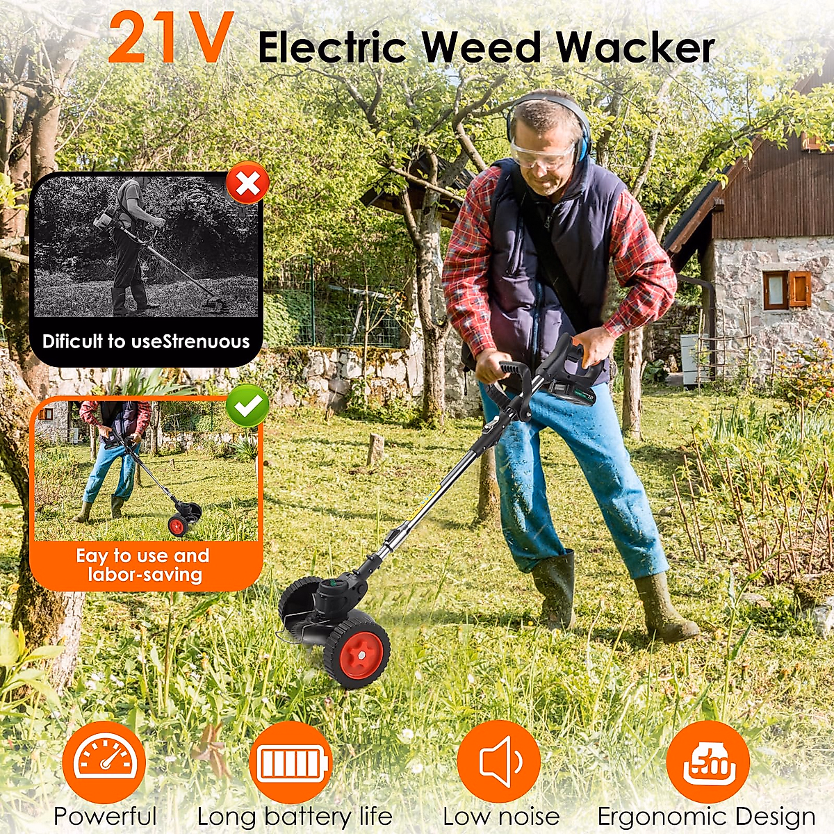 Powerful Cordless Weed Wacker, 21V Electric Brush Cutter with 2.0Ah Battery, Foldable Design, Lightweight and Versatile 3-in-1 Weed Eater for Garden, Lawn, and Yard