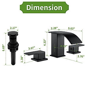 VIKASI Waterfall Bathroom Faucets for Sink 3 Hole Matte Black Bathroom Sink Faucet with Pop Up Drain 8 Inch Widespread Vanity Faucets Basin Faucet Modern Vanity Faucet 2 Handle Lavatory Faucet
