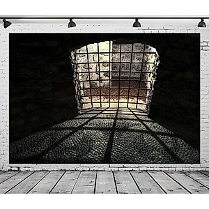 CORFOTO 5x3ft Fabric Medieval Jail Cell Backdrop for Photography Prison Window Light Background Old Dungeon Cell Party Decorations Murder Mystery Party Backdrop Photoshoot Booth Studio Props