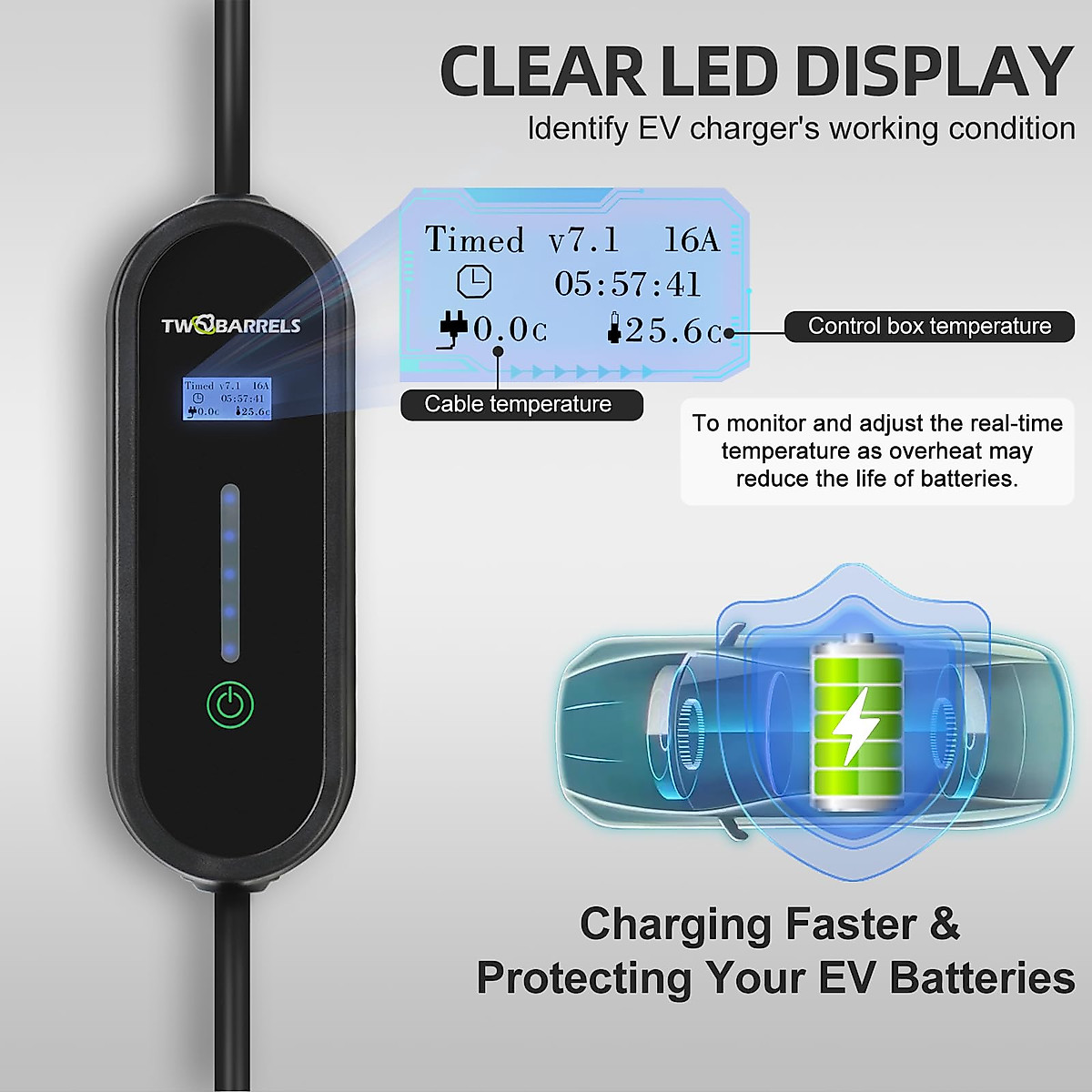Twobarrels Level 1-2 Portable EV Charger, 16Amp 110-240V 26ft Cable Electric Vehicle Charger, NEMA 6-20 Plug EV Charging Stations with NEMA 5-15 Adapter for J1772 Electric Cars