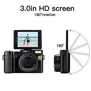wendeekun 2.7K Digital Camera, 48MP High Definition DSLR Camera, 3.0 Inch TFT Color LCD Screen, 180 Degree Rotation, with Automatic Flash, USB Charging, Support Up to 128GB Memory Card