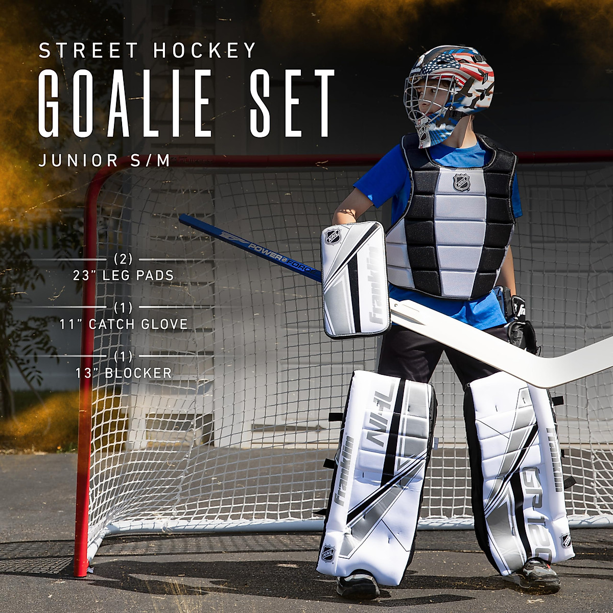 Franklin Sports NHL Kids Street Hockey Goalie Pads Set - Kids Hockey Training Equipment - Includes Block Pad, Catch Glove, and Goalie Pads,Black/White