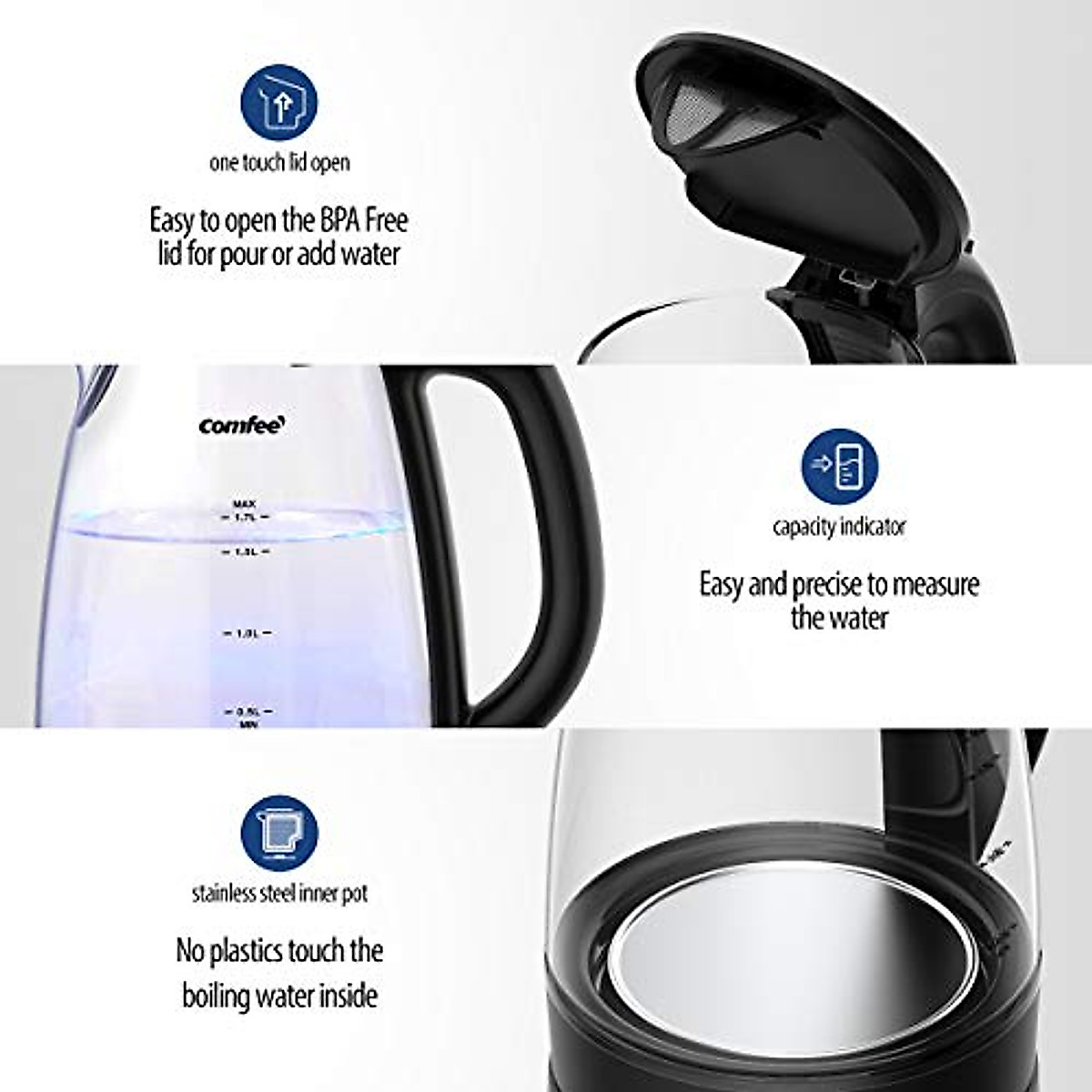 COMFEE' Glass Electric Tea Kettle & Hot Water Boiler(BPA-Free), 1.7L, Cordless with LED Indicator, 1500W Fast Boil, Auto Shut-Off and Boil-Dry Protection