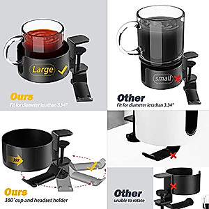 3.94'' Large Desk Cup Holder, 360° Rotating Metal Cup Holder & Under Desk Headphone Stand, Gaming Desk Anti-Spill Cup Holder Clamp for Table or Chair, Coffee Mugs, Bottles, Headset Hook