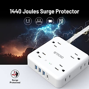 Flat Plug Power Strip - TROND 10FT Thin Flat Extension Cord Surge Protector with 3 USB-A & 1 USB-C Port, Slim Cord with 8 Widely-Spaced Outlets, 1440J, Wall Mount for Home Office Dorm Room, White