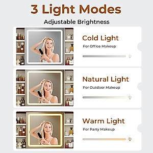 HAUOMS Farmhouse Vanity Desk with Openable Mirror and Lights, White Vanity Table with Drawer Dresser, Glass Top and Charging Station, Large Makeup Desk with 5 Drawers, 9 Shelves, Antique White