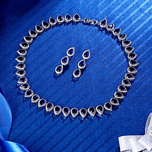 EleQueen Women's Silver-Tone Full Prong Cubic Zirconia Teardrop Bridal Necklace Earrings Set Sapphire Color