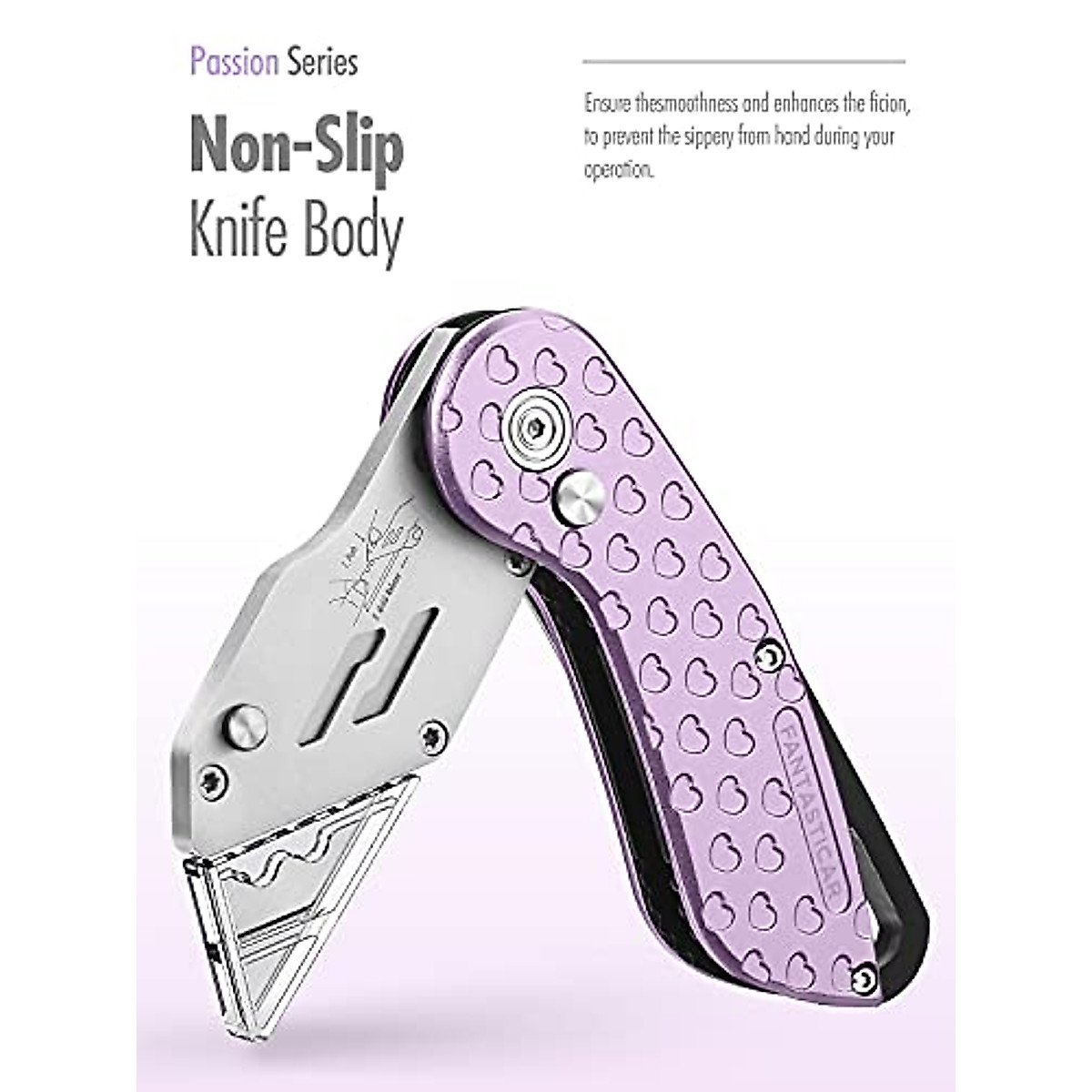 FantastiCAR Folding Utility Knife Cute Box Cutter, Chic Pattern on Metal Body with Extra 5 Blades (Purple-Hearts)