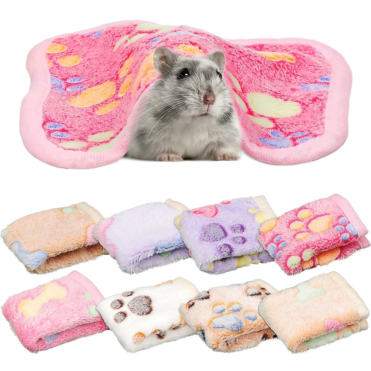 8 Pcs Small Animal Fleece Blanket Cage Liners Absorbent Guinea Pig Blanket Soft Guinea Pig Accessories Warm Pet Sleep Mat Paw Print Hamster Mat for Hamster Dog Rabbit Puppy Hedgehog (7.9 x 7.9 Inch)