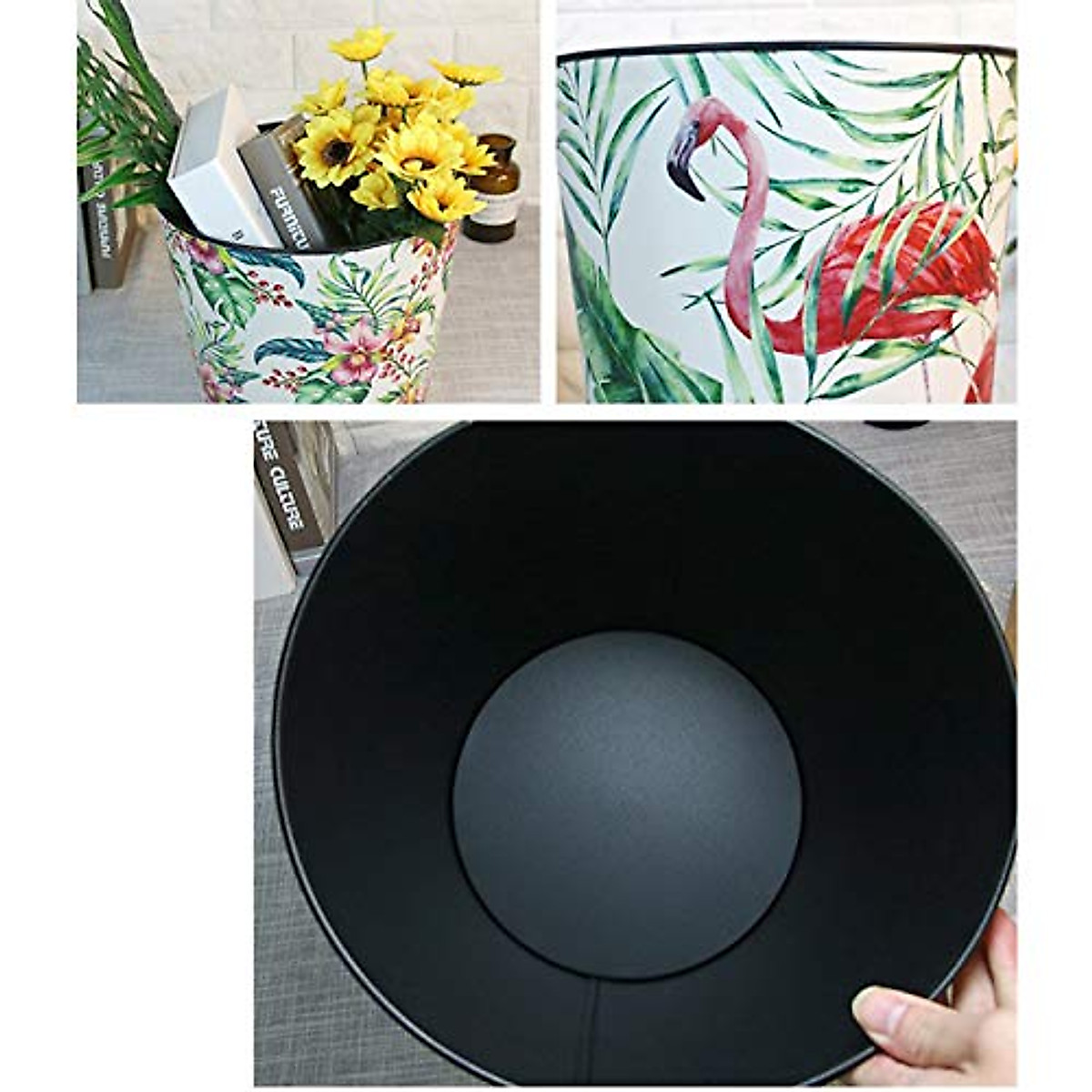 Wansan Iron and Leather Round Large Household Trash Can, Creative Can Without Lid,Suitable for Cans in Bathrooms, Kitchens, Home Offices, Bedrooms, Offices-10L Palm Tree Green Leaf 21*26cm