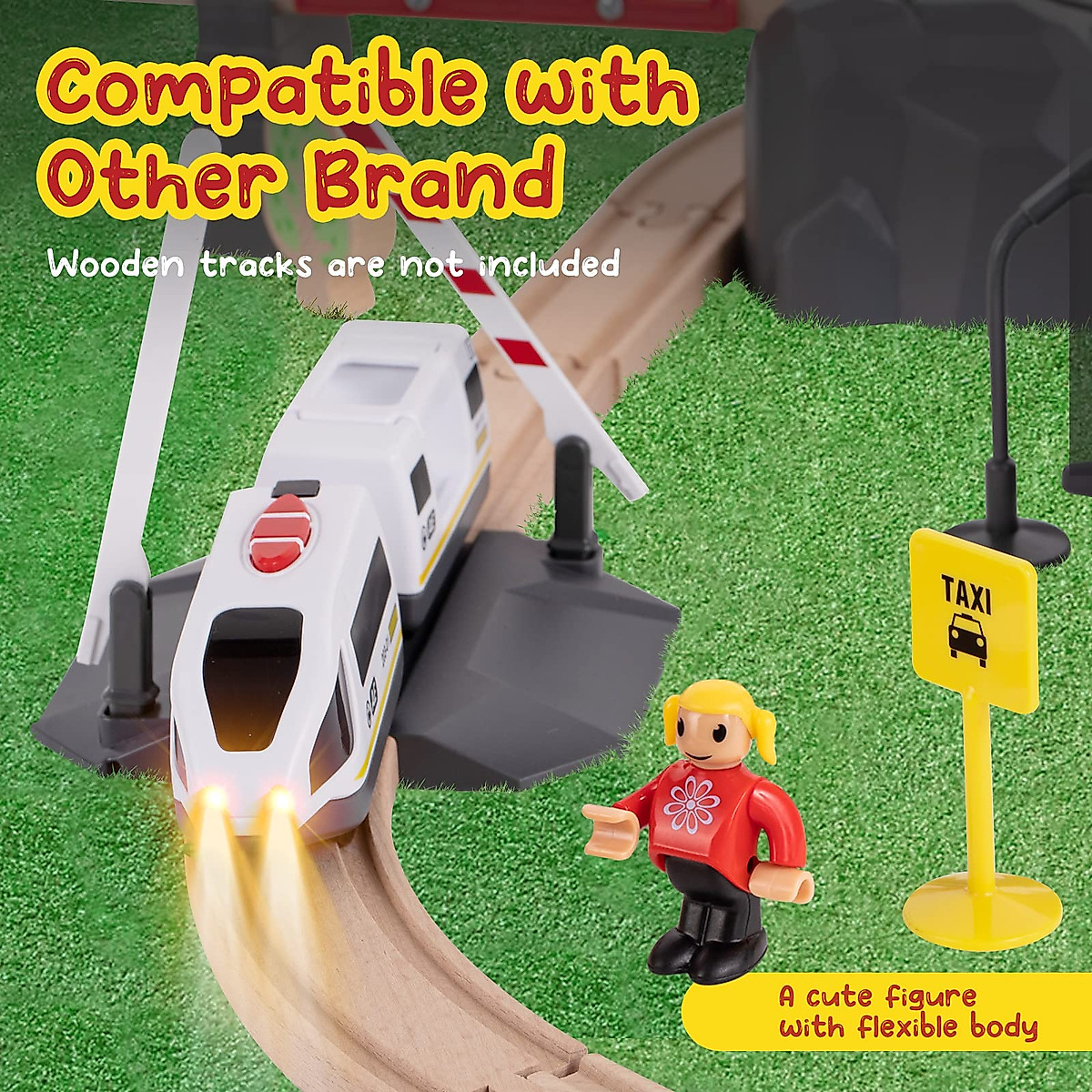 BRINJOY Battery Operated Train Set for Wooden Train Tracks, Powerful Engine Action Locomotive Train (Magnetic Connection) w/Sound for Boys & Girls, Bullet Toy Train Set for Toddlers Ages 3+, White