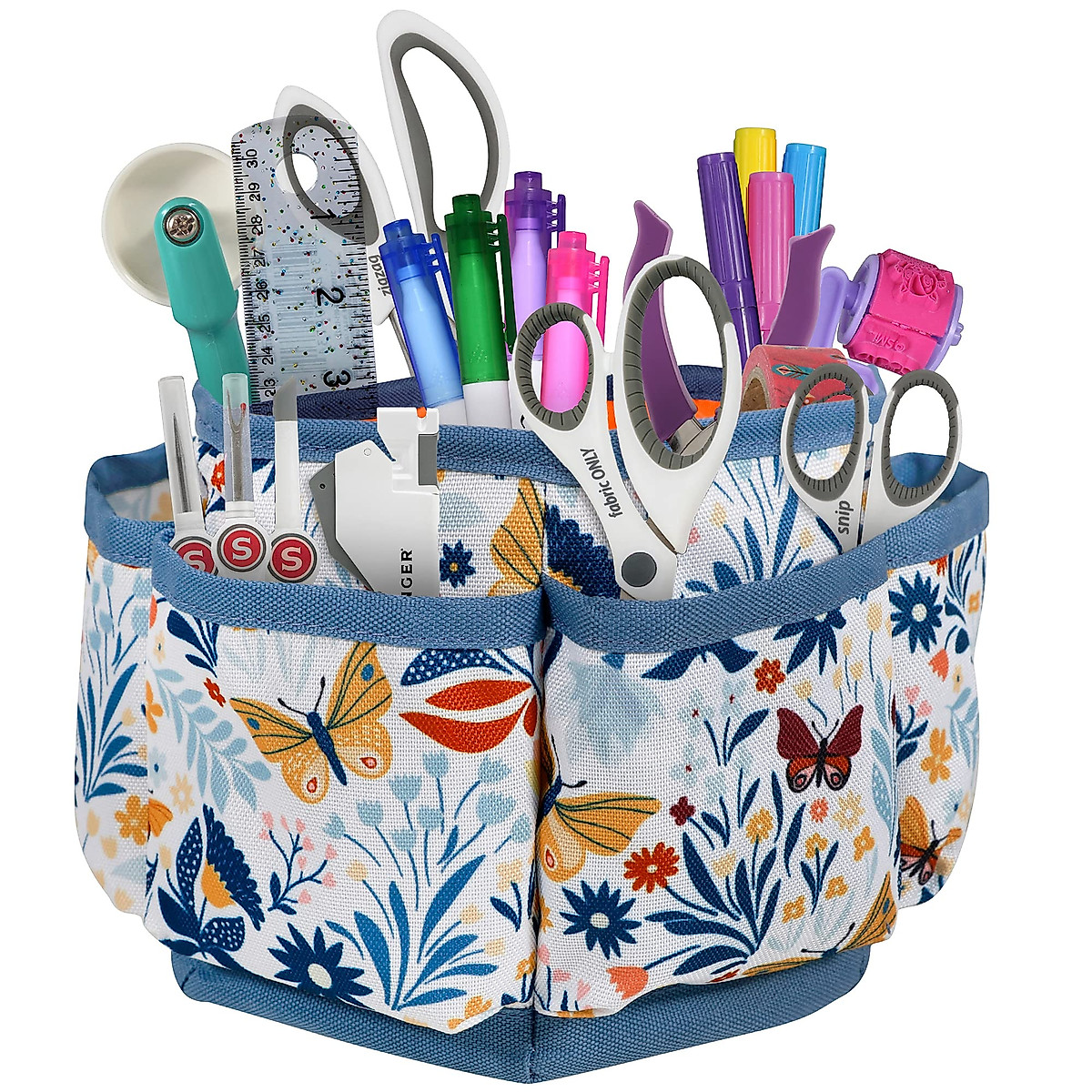 SINGER 360 Degree Rotating Organizer for Tabletop, Counter, Storage, Sewing Supplies, Art Supplies with Compartments, Butterfly Floral Print