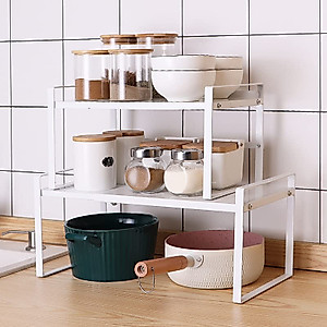 Kitchen Cabinet Storage Rack Bedroom Under Sink Countertop Metal Shelf with L Key White Iron,Space Saving Steel Frame Stackable Rust Resistant Non Slip White