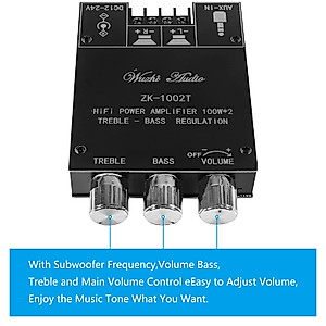 Diitao ZK-1002T Bluetooth 5.0 Amplifier Board 2.1 100Wx2 HiFi Subwoofer Audio AMP with Treble and Bass Control BT AUX Inputs, DC 9-24V 2.0 Channel Stereo Module for DIY Speakers, Password Free, Black