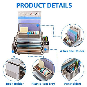 DESIGNA Stackable Mesh Desk Organizer with 3 Sliding Letter Trays 4 File Holders 2 Side Compartments & Pencil Holder Non-slip All In One Desktop Accessories Organizers Office Storage, Champagne