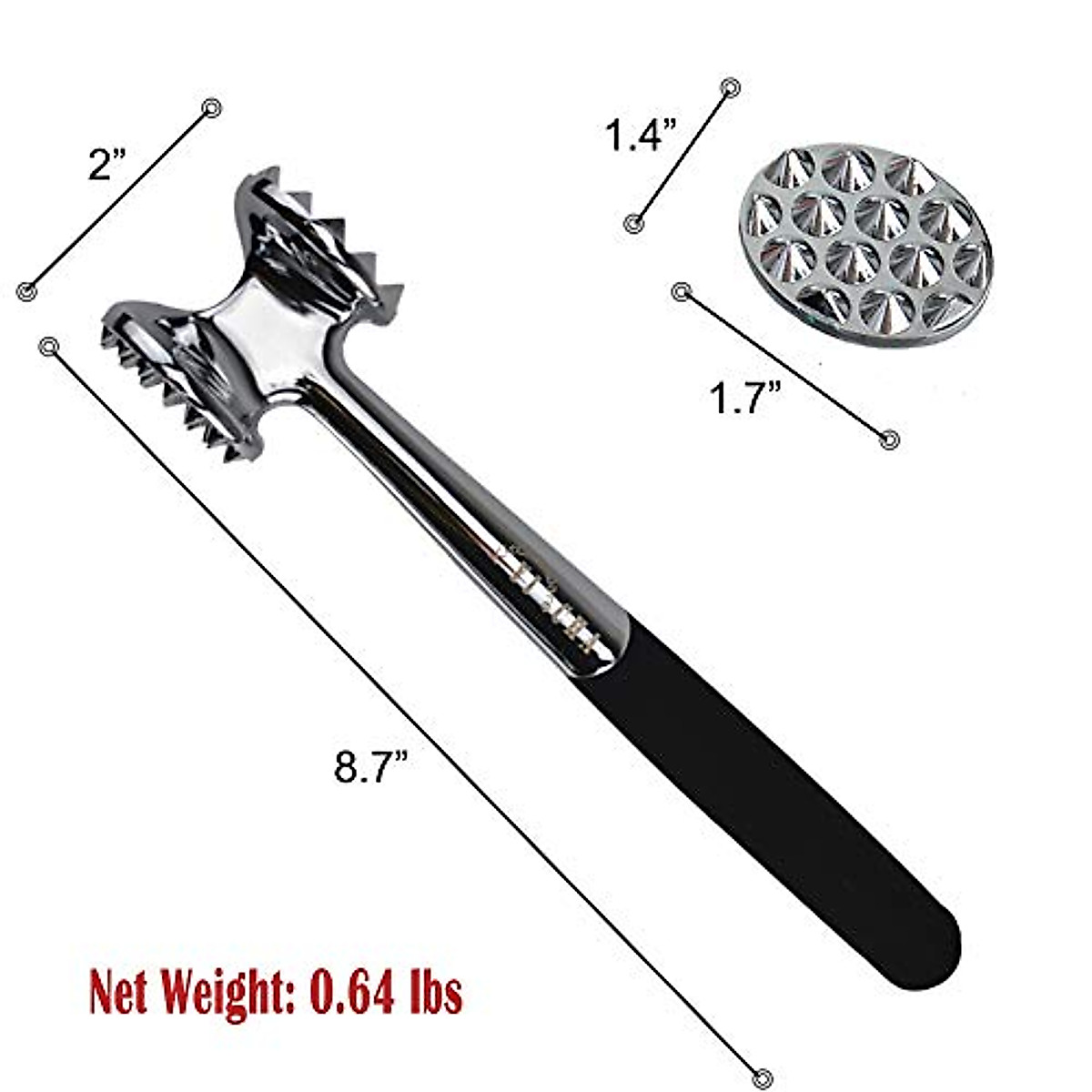 YICHA Kitchenware Professional Double Sides Nails Zinc Alloy Manual Meat Tenderizer Hammer Mallet, Non-slip ABS Handgrip, for Meat Ingredients, 8.7 inch, Black