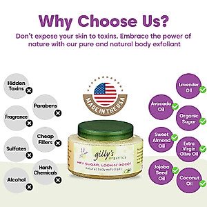 Gilly's Organics Sugar Scrub – Natural Scrubs with Lavender, Coconut, Avocado, Sweet Almond Oil – Gentle Exfoliating and Deeply Hydrating Body Scrub for Women and Men – 8oz Organic Sugar Scrub