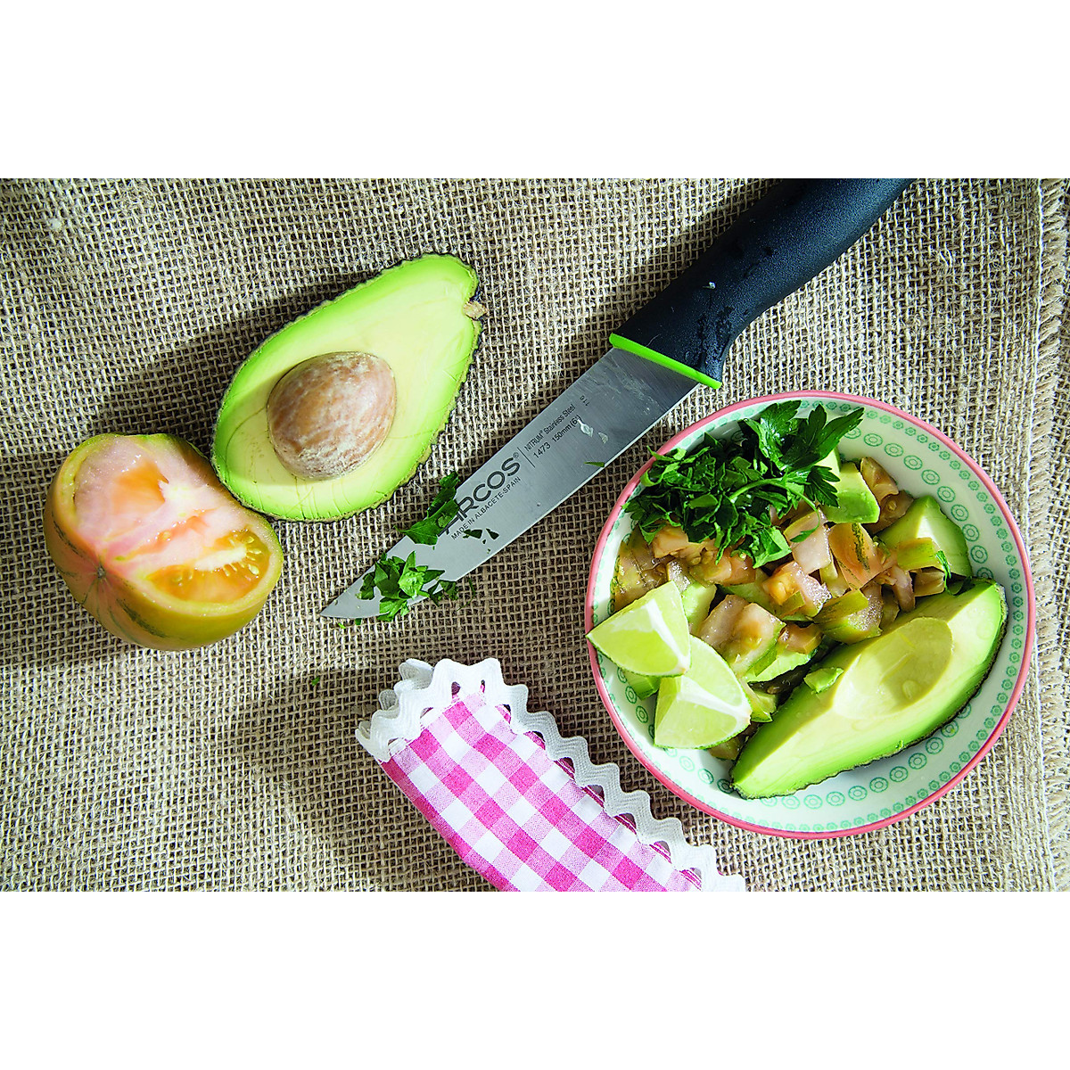 Arcos Vegatable Knife 4 Inch Stainless Steel. Professional Vegetable Knife for Peeling Fruits and Vegetables. Ergonomic Polyoxymethylene Handle and 110 mm Blade. Series Duo. Color Black and green.