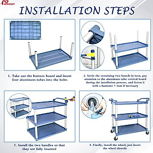 AQNIEGEP Utility Cart carts with Wheels Food Cart 3 Tier Commercial Restaurant Kitchen Heavy Duty Large Rolling Service Cart, Lockable Wheels, Rubber Hammer,Dark Gray