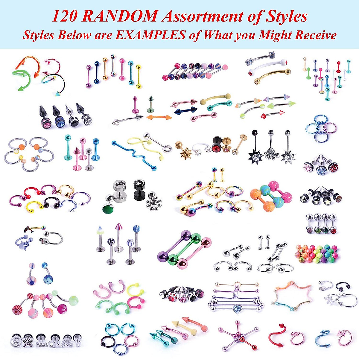BodyJ4You 156PC Body Piercing Kit | Belly Ring Nose Septum Tragus Ear Cartilage Industrial | Horseshoe Ring Hoop Barbell Stud Spike | 14G 16G Silvertone | RANDOM Mix Jewelry