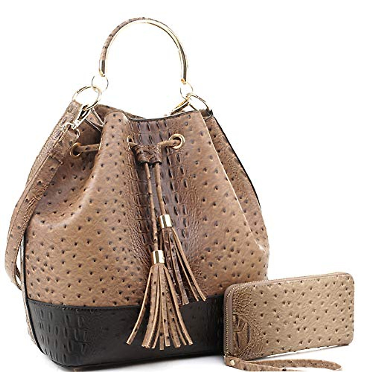 Boho Tassel Ostrich Print Vegan Leather Handle Bucket Handbag Satchel Wallet Set (Brown/Dark Brown)