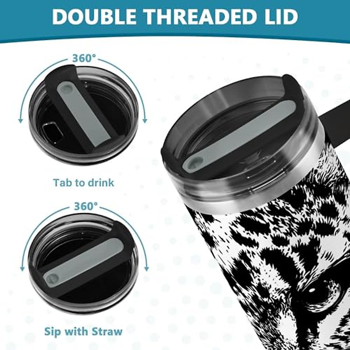 Flradish 30oz Tumbler with Handle, White Black Leopard Portrait Stainless Steel Tumbler with Lid and Straws Double Wall Vacuum Insulated Leakproof Coffee Travel Mug