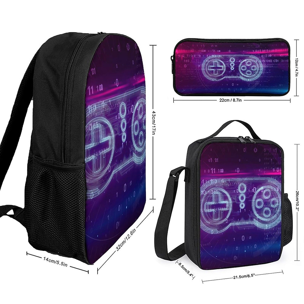 NAWFIVE Retro Gamepad Controller Backpack with Lunch Box And Pencil Case Set 3d Hologram Gaming Travel Daypack Bookbag for Men Women Laptop Backpack 3pcs