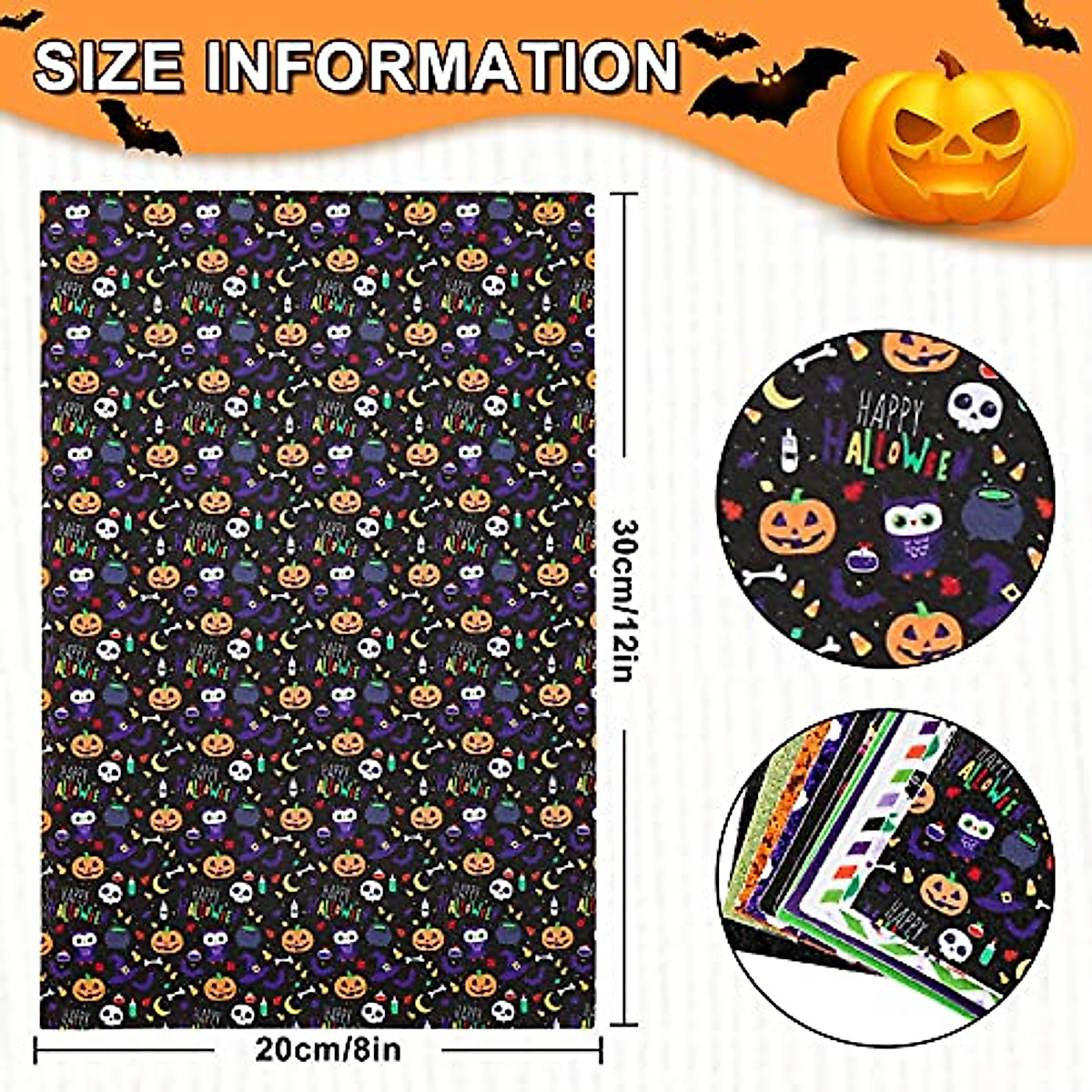 Whaline Halloween Faux Leather Sheets 8 x 12 Inch Pumpkin Ghost Dots Synthetic Leather Fabric Glittery Black Orange Green Faux Leather for Halloween DIY Craft Earring Hair Bow, 12 Sheet