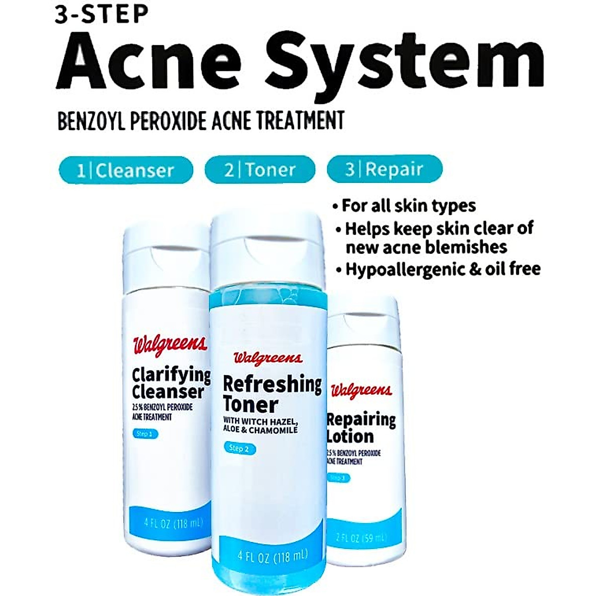 Walgreens Complete Acne Treatment Kit- 3 Simple Step Acne Kit - Benzoyl Peroxide Based Cleanser, Refreshing Toner, & Spot Treatment Repairing Lotion, 1.0 Fl Oz