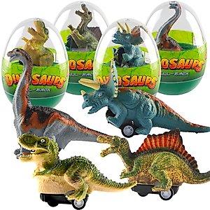 4 Pack Prefilled Easter Eggs with Dinosaur Pull Back Cars, Jumbo Plastic Easter Eggs with Toys Inside for Easter Basket Stuffers, Party Favors Gifts for Toddler Kids Boys Girls