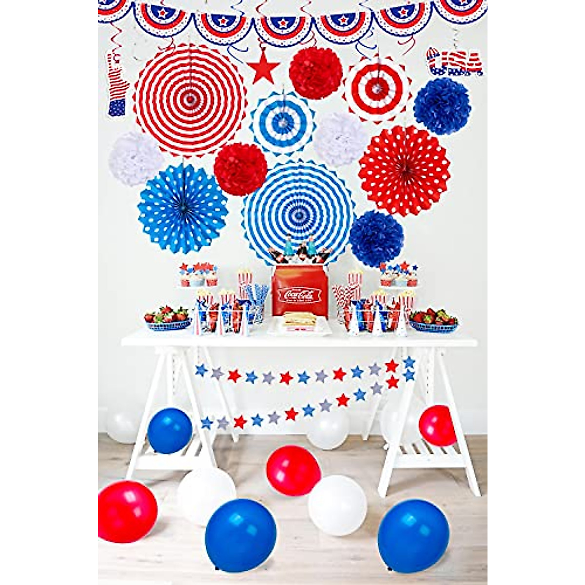 66PCS 4th/Fourth of July Decorations Set - Patriotic Paper Fans+Tissue Pom Poms+Star Streamer+American Flag Banner Garland+Hang Swirls+Balloons - Red White Blue USA Memorial Day Party Decor Supplies