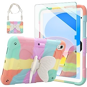 Ambison Case for iPad 10th Generation 2022 10.9 inch for Kids Girls with 9H Tempered Glass Screen Protector, Rugged Heavy Duty Shockproof Protective Case with Butterfly Stand,Carrying Strap-Multicolor