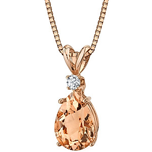 PEORA 14K Rose Gold Morganite and Diamond Pendant, Genuine Gemstone Teardrop Solitaire, Pear Shape, 10x7mm, 1.80 Carats total