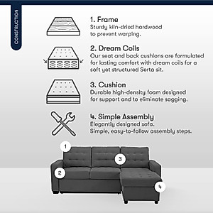 Serta Dreamlift Bakersfield Sectional Sofa Bed, Steel Grey