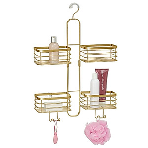 mDesign Metal Steel Hanging Shower Caddy, 4 Basket Organizer Rack for Bathroom; Hold Handheld Shower Head, Hose, Shampoo, Conditioner, Shaving Cream, Soap, Loofah - Carson Collection - Soft Brass