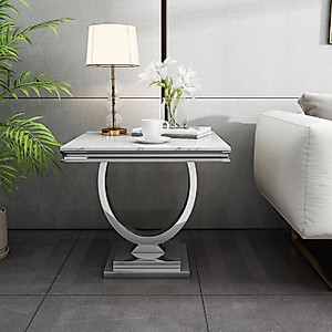 Modern White Faux Marble End Table, Luxury Square Sofa Side Table, Mid Century Elegant End Bedside Table with Mirrored Silver Stainless Steel Pedestal Base for Living Room Bedroom Couch