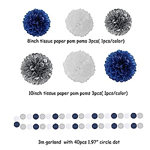 Navy Blue White Silver Party Decorations,23pcs Kit Graduation 2023 Tissue Paper Pom Poms Streamers,Tassel Garland Banner Flowers,Men Birthday Bachelorette Baby Shower Christmas Decor Lasting Surprise