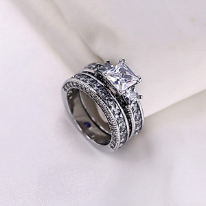 White Gold Filled 2pcs Womens Wedding Ring Sets Bridal Sets Heart cut Cz Engagement Ring Wedding Bands