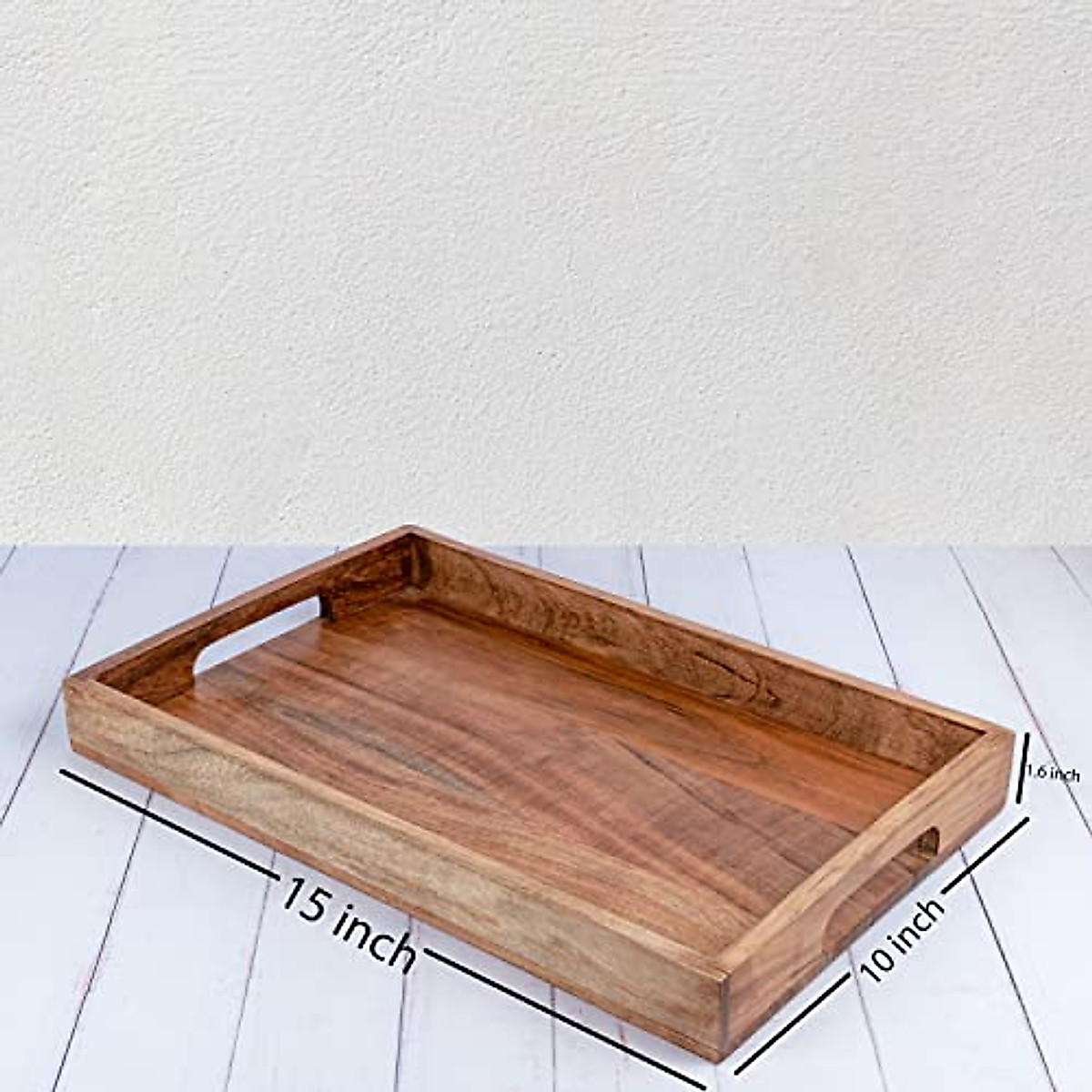 Samhita Acacia Wood Serving Tray with Handles,Wooden Serving Tray, Snack Tray, Breakfast Tray, Great for, Breakfast, Coffee Tables, Homes, Restaurant|Size- 15" x 10" x 1.6"