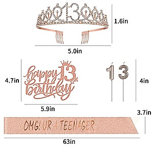 13th Birthday Decorations for Girls,13th Birthday Sash,Crown,Balloons,Candles,Cake Toppers.13th Birthday Crown Set for Girls