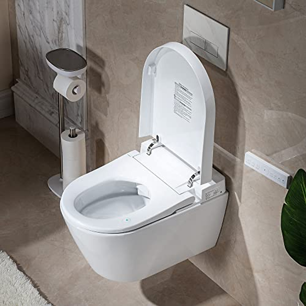 WOODBRIDGE Intelligent Compact Elongated Dual-flush wall hung toilet with Bidet Wash Function, Heated Seat & Dryer. Matching Concealed Tank system and White Marble Stone Slim Flush Plates Included