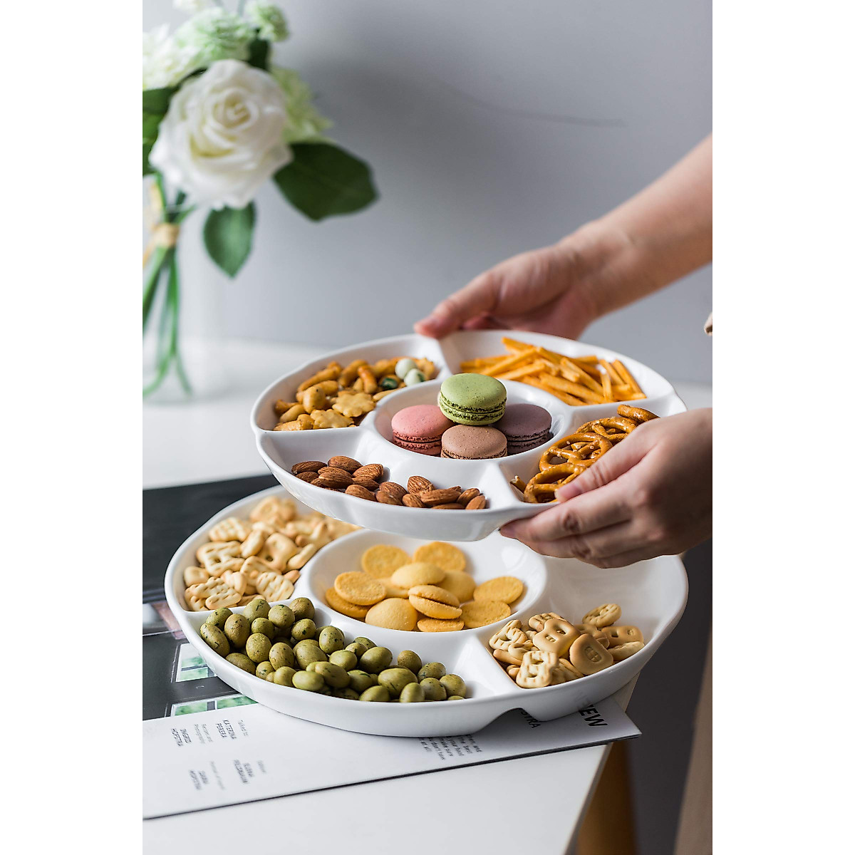 LAUCHUH Chip & Dip Serving Set Porcelain Divided Serving Platter/Tray Perfect for Easter, Christmas, Snack Dessert, 12 inch White Dish Set of 2