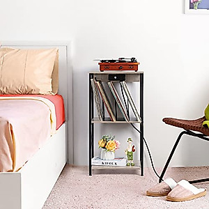 YBING Record Player Stand 3-Tier Turntable Stand with Record Storage End Table with Charging Station Vinyl Record Storage Stand with Divider Nightstand for Living Room Bedroom Office, Oak