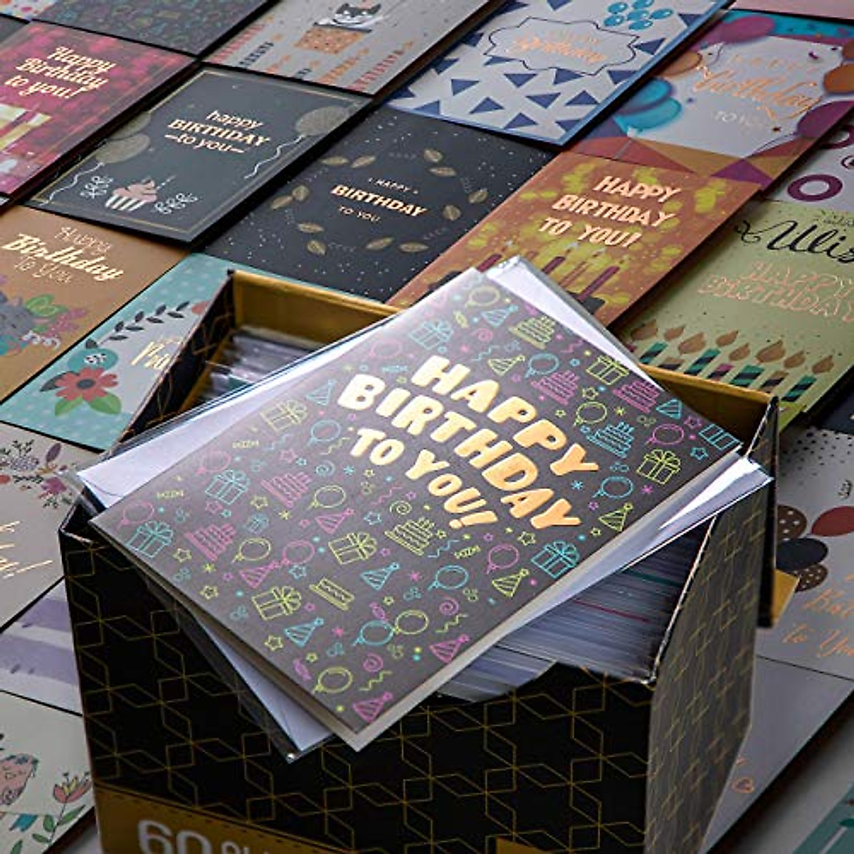 40 Unique Birthday Cards + 20 All Occasion Greeting Cards, Individually Packed Rose Gold Foil Large 5”x7” Thank You, Anniversary Cards, Simple Message Inside, Magnetic Box Variety Set w/Thick Envelope