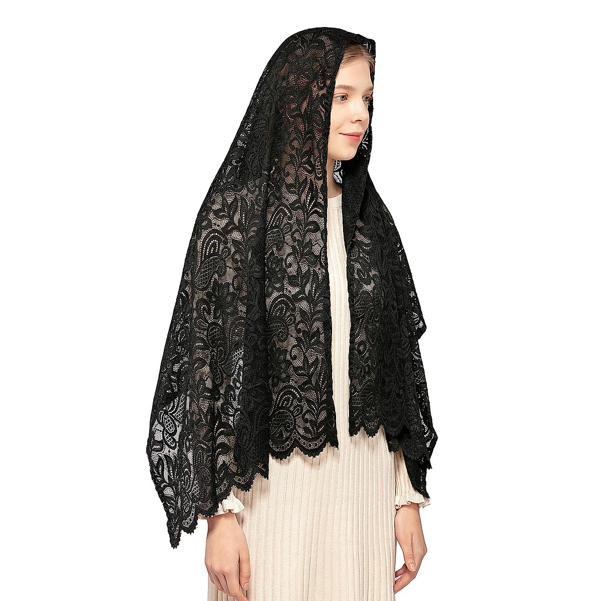 Wgior Rectangular Chapel Veil Scarf Catholic Church Veils Mantilla Wrap Shawl Mass Head Covering (Black)