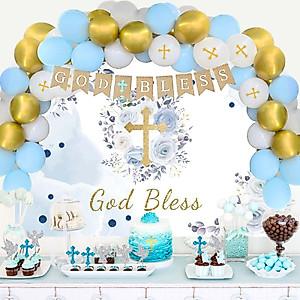 Fiesec Baptism Decorations for Boys, First Communion Christening Party Decorations God Bless Backdrop Balloon Garland Arch Linen Banner Poster Cake Cupcake Topper White Gold Blue